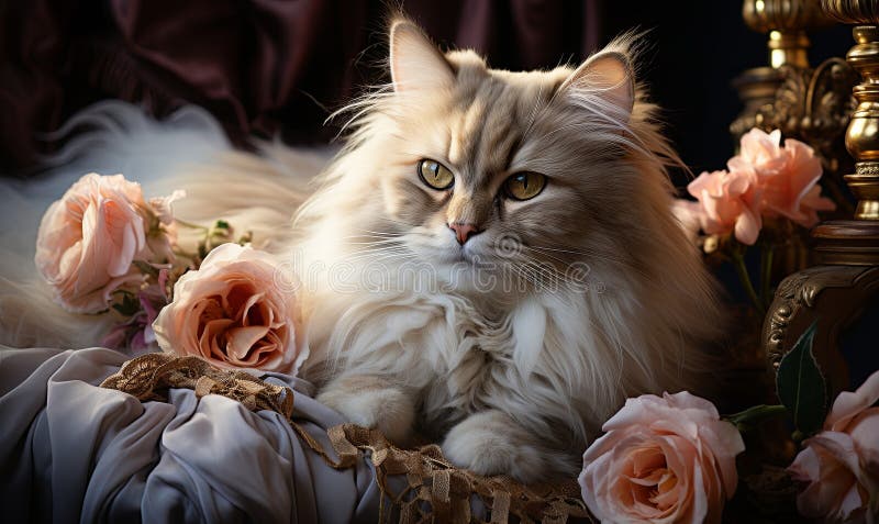 Fluffy White Cat Laying on Bed of Roses Stock Image - Image of cute ...