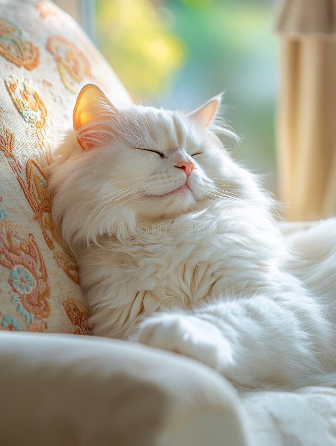 A Fluffy White Cat Peacefully Sleeping on a Patterned Chair. Stock ...