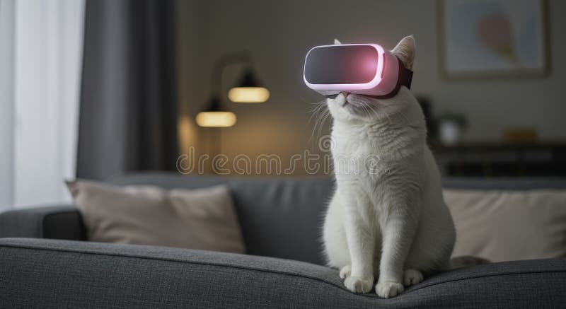 Adorable White Cat Wearing VR Headset on Grey Sofa Stock Illustration ...