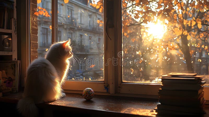 White Cat Window Autumn Sunset Cozy Home Pets Animals AI Generated ...