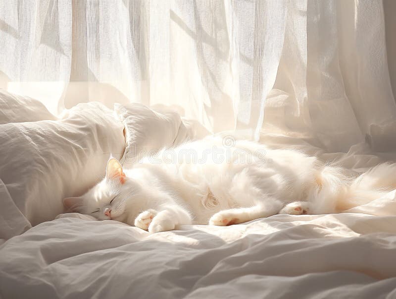 Fluffy White Cat Sleeping on White Sheets Stock Illustration ...