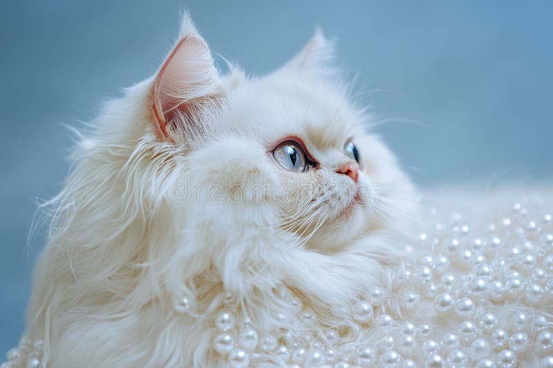 A Fluffy White Cat with Striking Blue Eyes Sits Elegantly Draped in ...