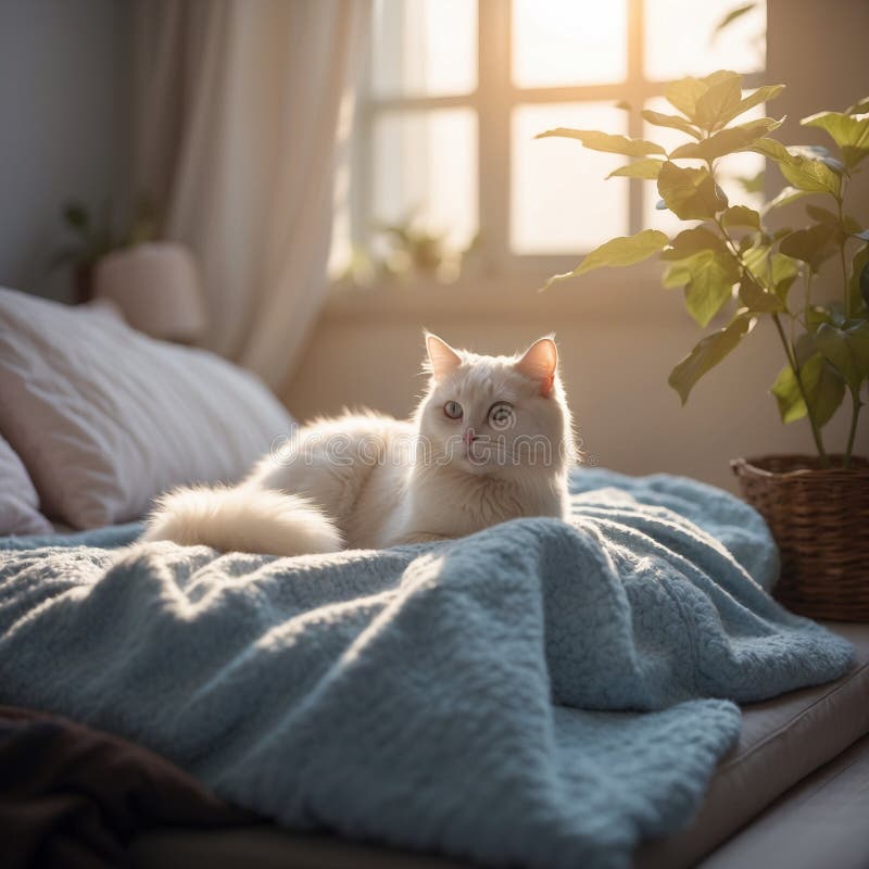 Fluffy White Cat Sunbathing on the Bed and Plant beside Stock Photo - Image of white, sunbathing ...
