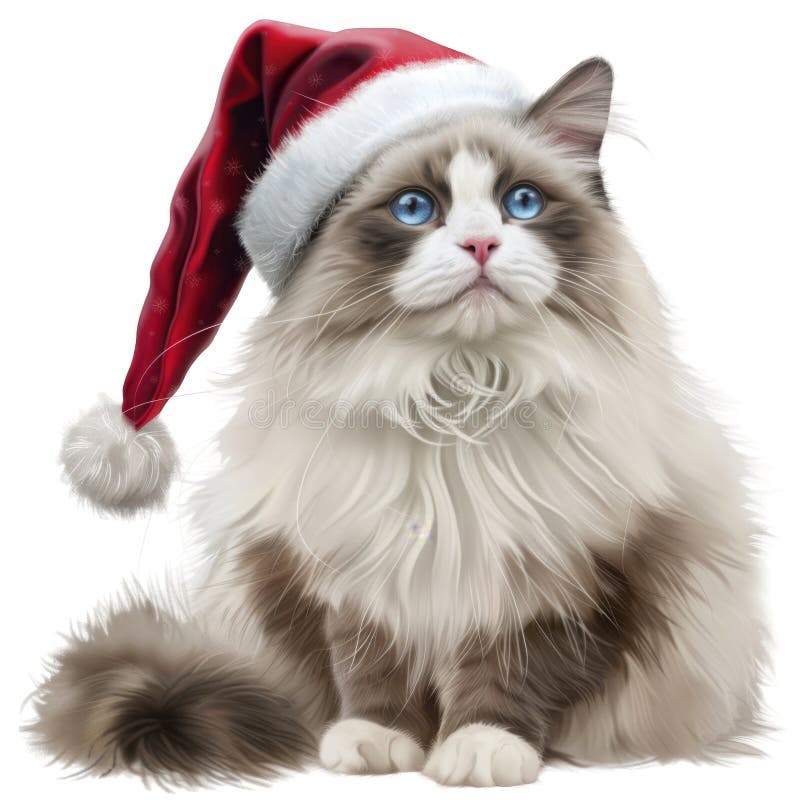 A Fluffy White Cat Wearing a Red Santa Hat Stock Photo - Illustration ...