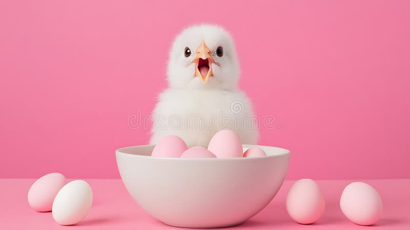 Fluffy White Chick Peeking from a Bowl of Pastel Pink Eggs on a Pink ...