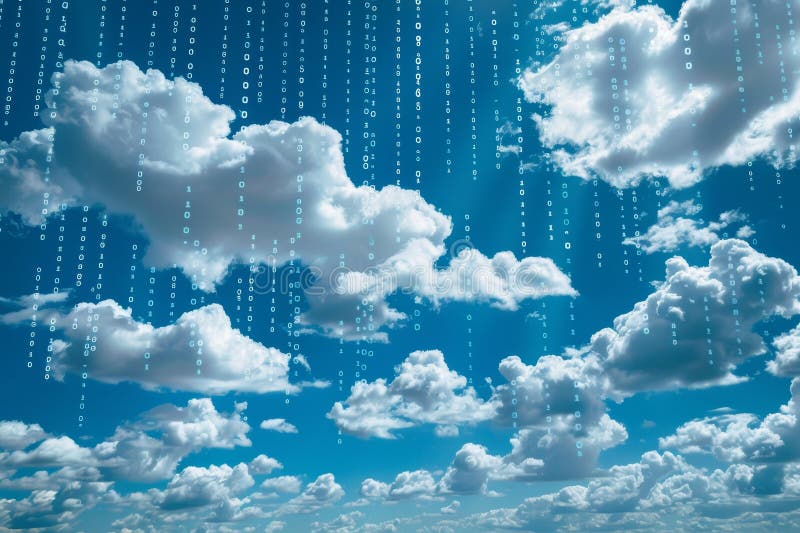 Fluffy White Clouds Drift Across a Bright Blue Sky As Streams of Binary Code Cascade Stock ...