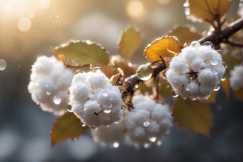 Fluffy White Cotton on a Branch in Drops of Rain. Ai Generative Stock ...