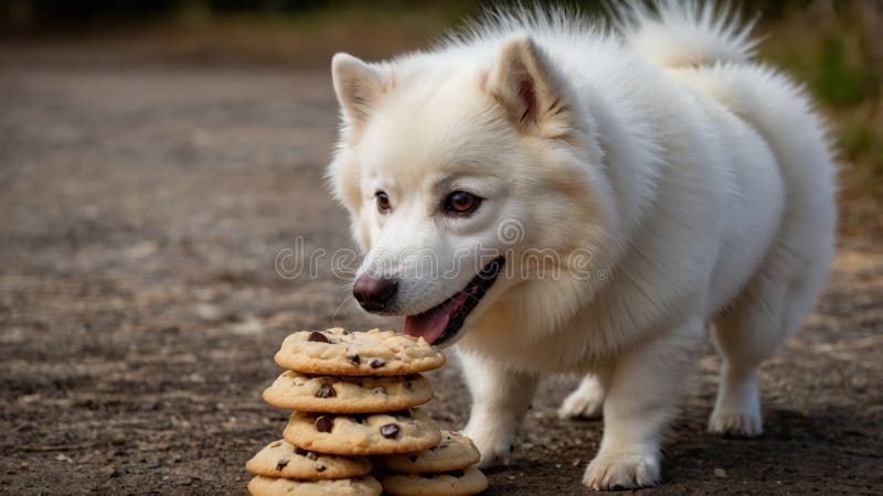 A Fluffy White Dog Curiously Approaches a Stack of Chocolate Chip ...