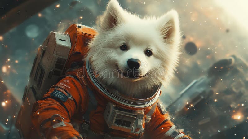 White Dog in Space Suit Floating in Space. Stock Illustration ...