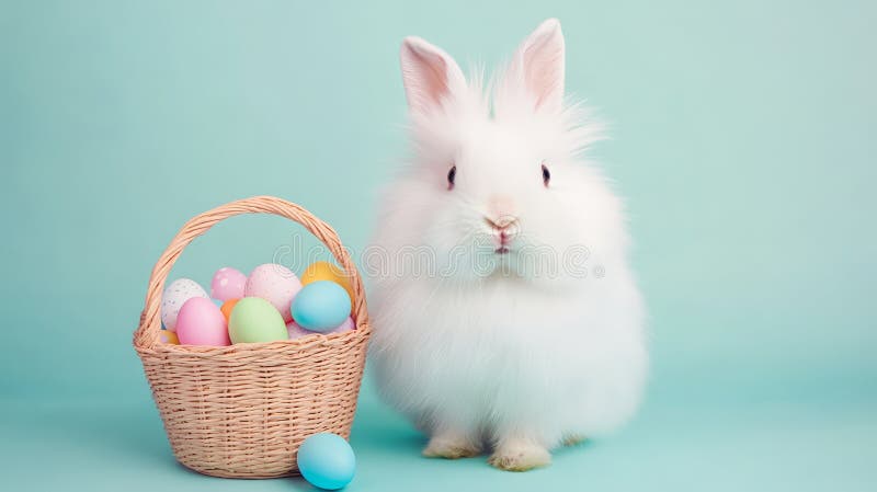 Fluffy White Easter Bunny with Basket of Colorful Eggs on Pastel ...