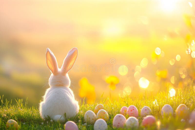 A Fluffy White Easter Bunny Perched Atop a Rolling Hill, Watching the ...