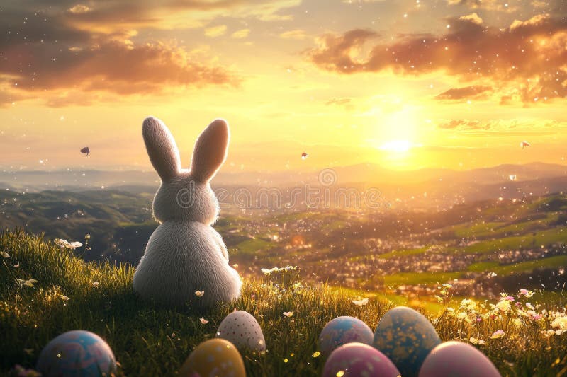 A Fluffy White Easter Bunny Perched Atop a Rolling Hill, Watching the ...