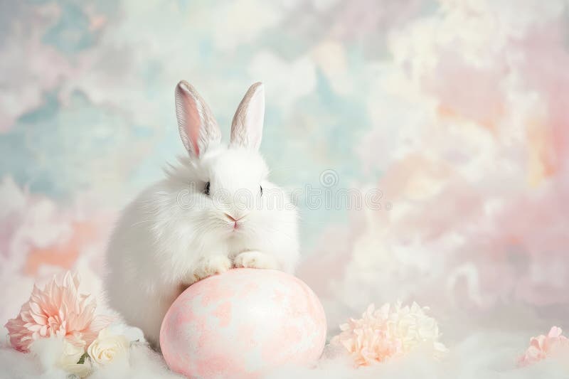 A Fluffy White Easter Bunny Sitting on a Giant Pastel Egg, with a ...
