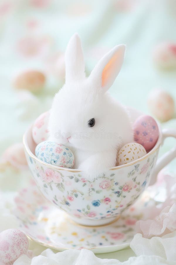 A Fluffy White Easter Bunny Sitting Inside a Pastel Teacup, Surrounded ...