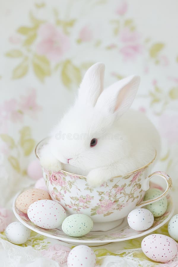 Fluffy White Easter Bunny Sitting Inside Pastel Teacup Surrounded Tiny ...