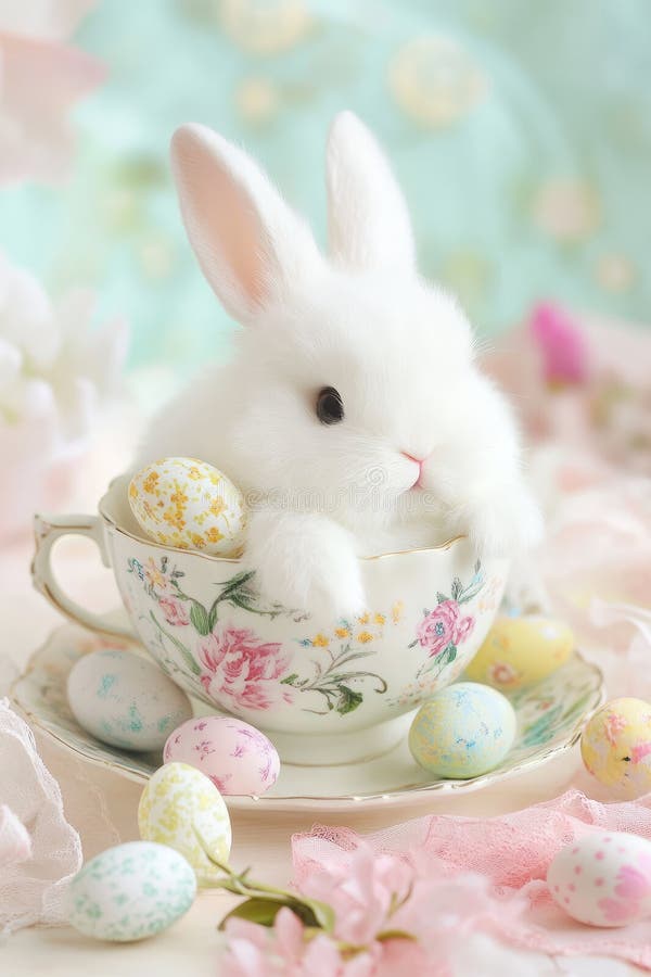 A Fluffy White Easter Bunny Sitting Inside a Pastel Teacup, Surrounded ...
