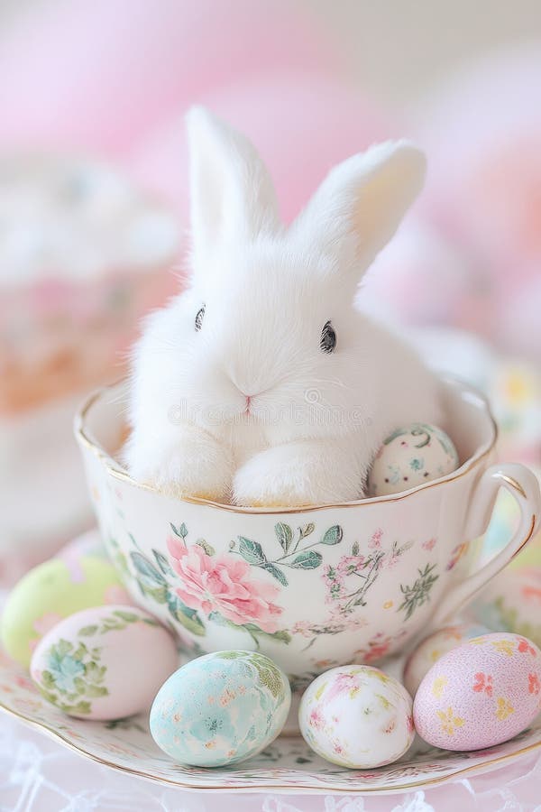 A Fluffy White Easter Bunny Sitting Inside a Pastel Teacup, Surrounded ...