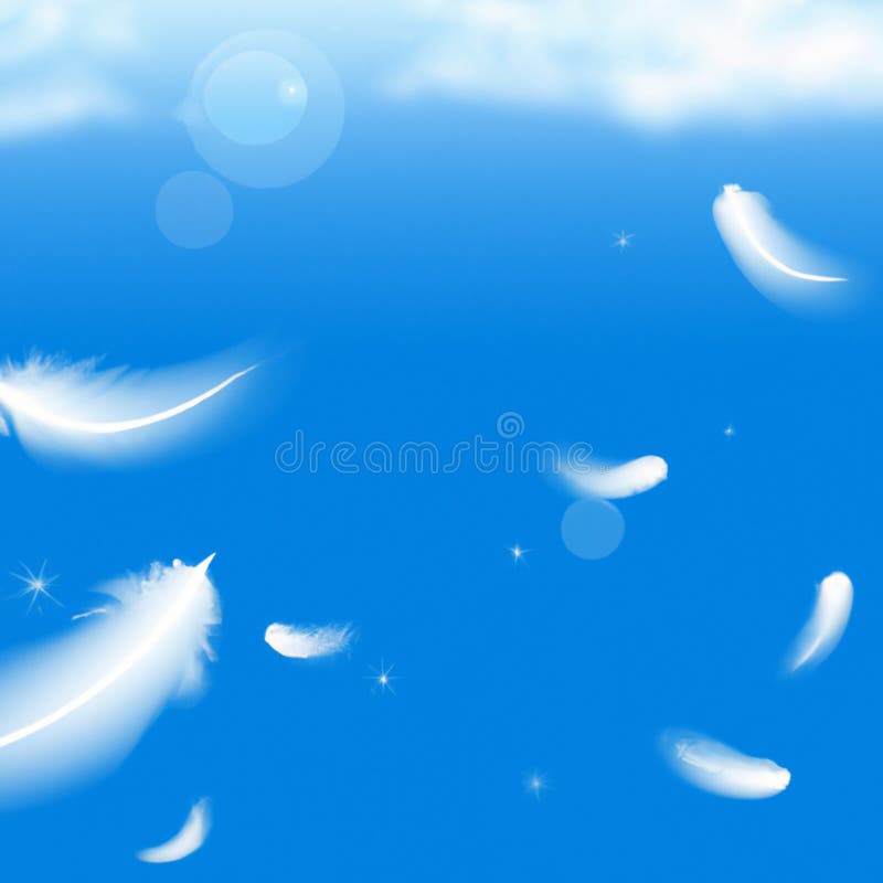 Fluffy White Feathers Falling Down in a Blue Sky. Feather Floating ...