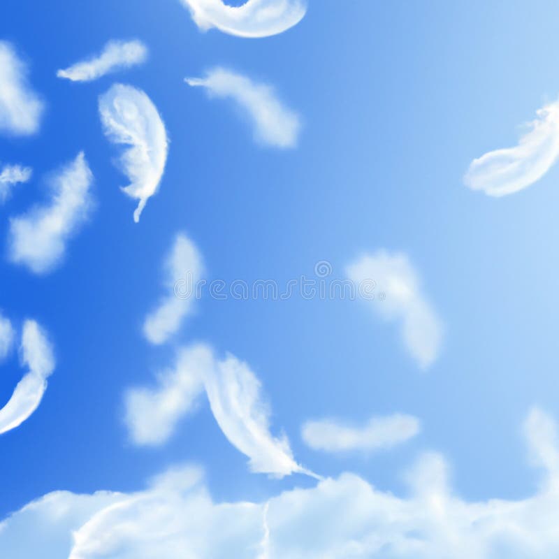 Fluffy White Feathers Falling Down in a Blue Sky. Feather Floating ...
