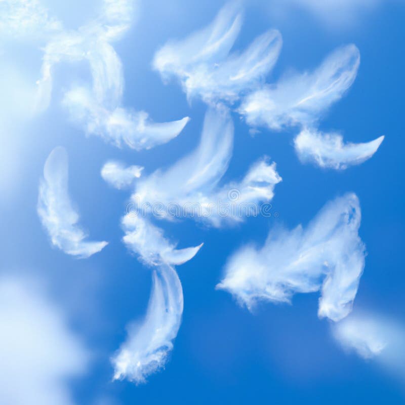 Fluffy White Feathers Falling Down in a Blue Sky. Feather Floating ...