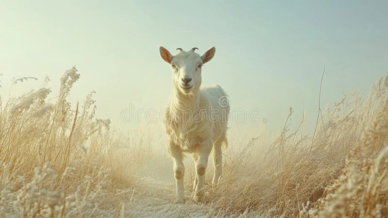 Fluffy White Goat in a Frosty Field at Sunrise Stock Illustration ...
