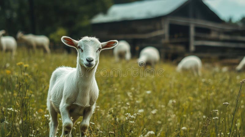 Fluffy White Goat in a Lush Green Pasture Near a Rustic Barn Stock ...