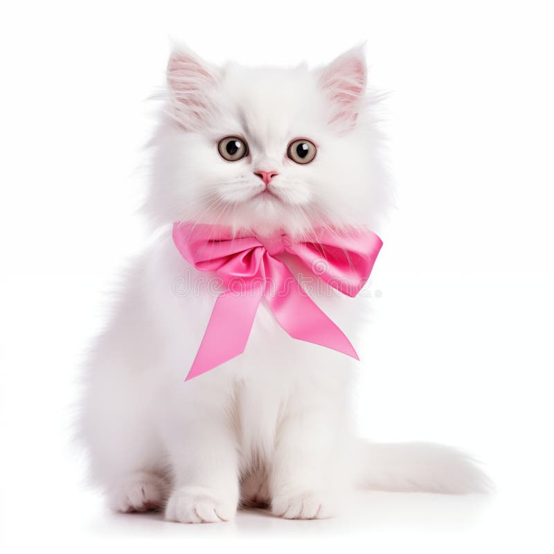 Fluffy White Kitten with Pink Bow Sitting on White Background Stock ...