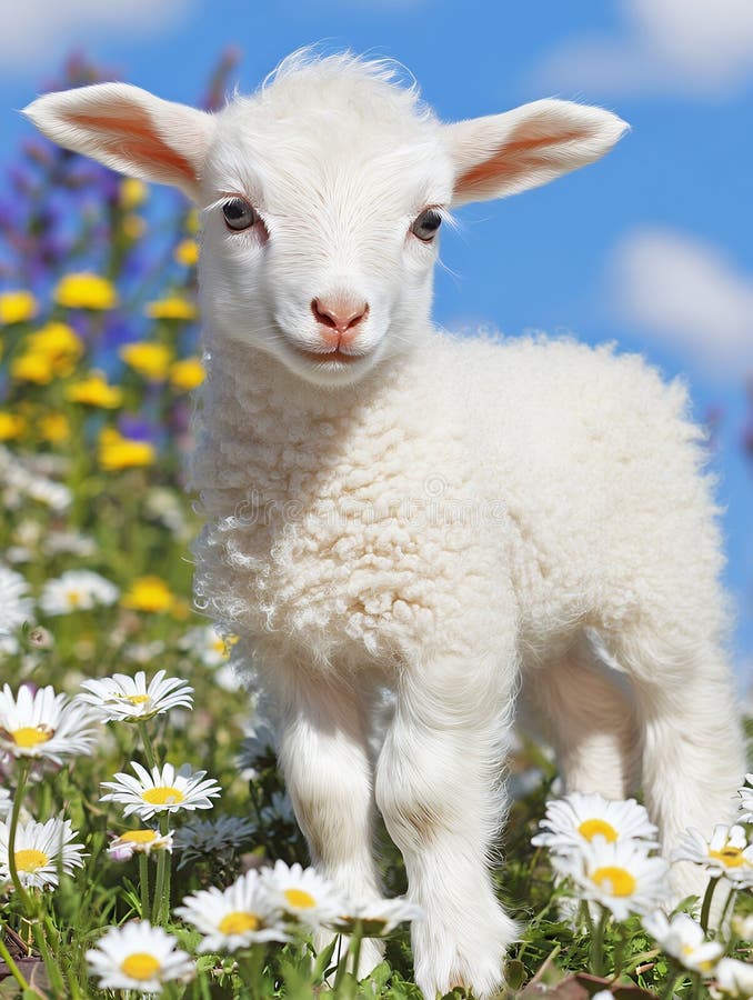 A Fluffy White Lamb Standing in a Field of Daisies Under a Bright Blue ...