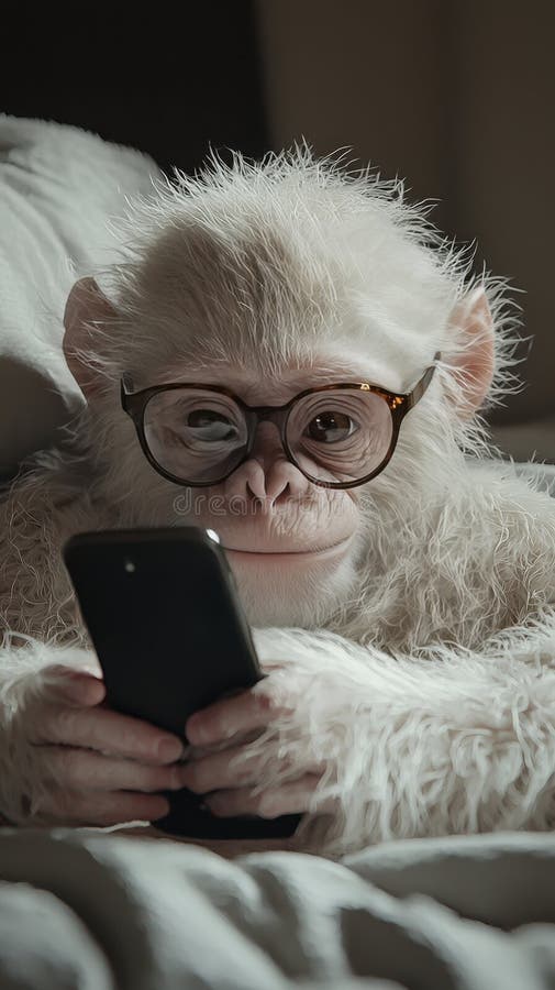 Fluffy White Monkey with Glasses Engaged with Smartphone Stock Photo ...