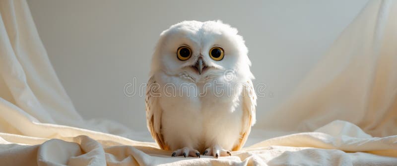 Fluffy White Owl with Big Yellow Eyes Sitting on Soft Surface in ...
