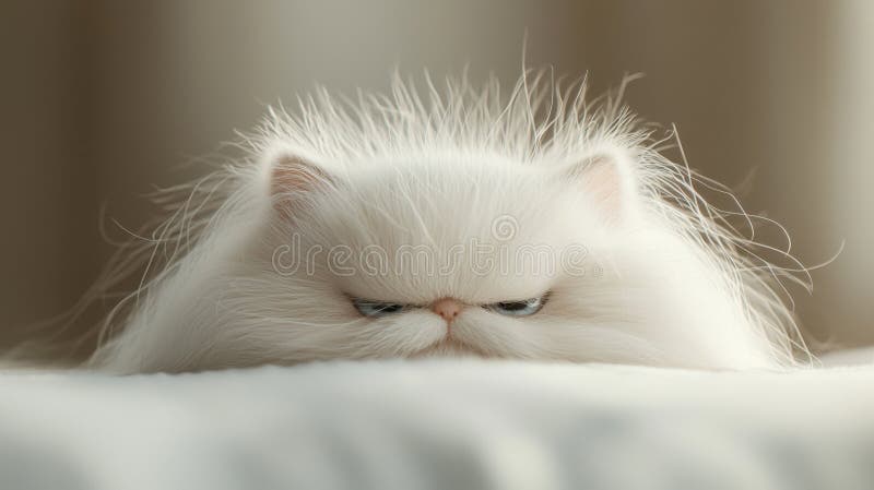 Fluffy White Persian Cat with a Grumpy Expression Lying on a Soft ...