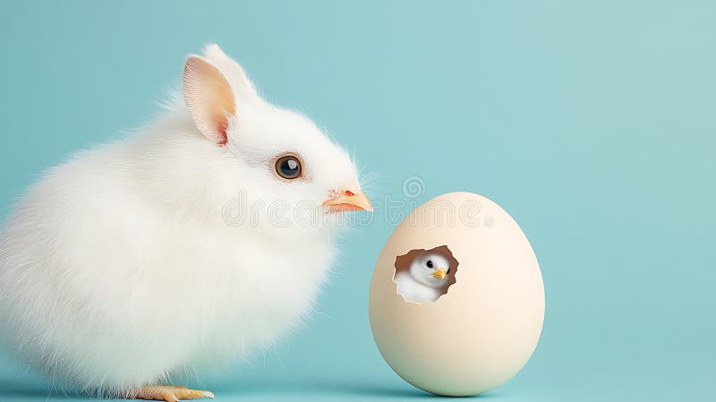 Fluffy White Rabbit and Baby Chick Emerging from Egg on Pastel Blue ...