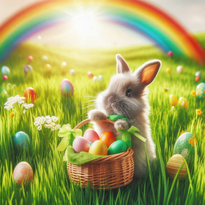 Fluffy White Rabbit with Basket of Easter Eggs on Spring Meadow with ...