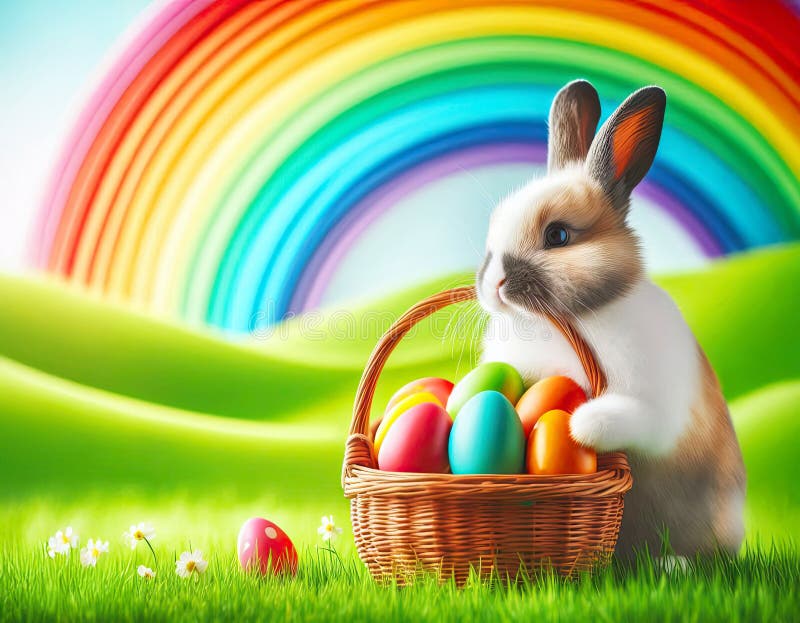 Fluffy White Rabbit with Basket of Easter Eggs on Spring Meadow with ...
