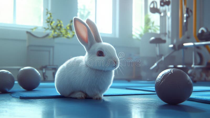 Fluffy White Rabbit in a Bright Gym Setting Stock Illustration ...