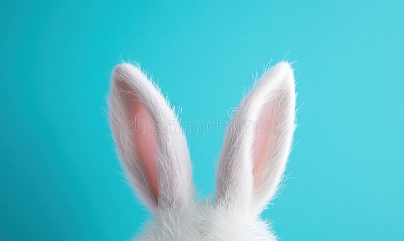 Fluffy White Rabbit Ears Against Bright Blue Background for Playful ...
