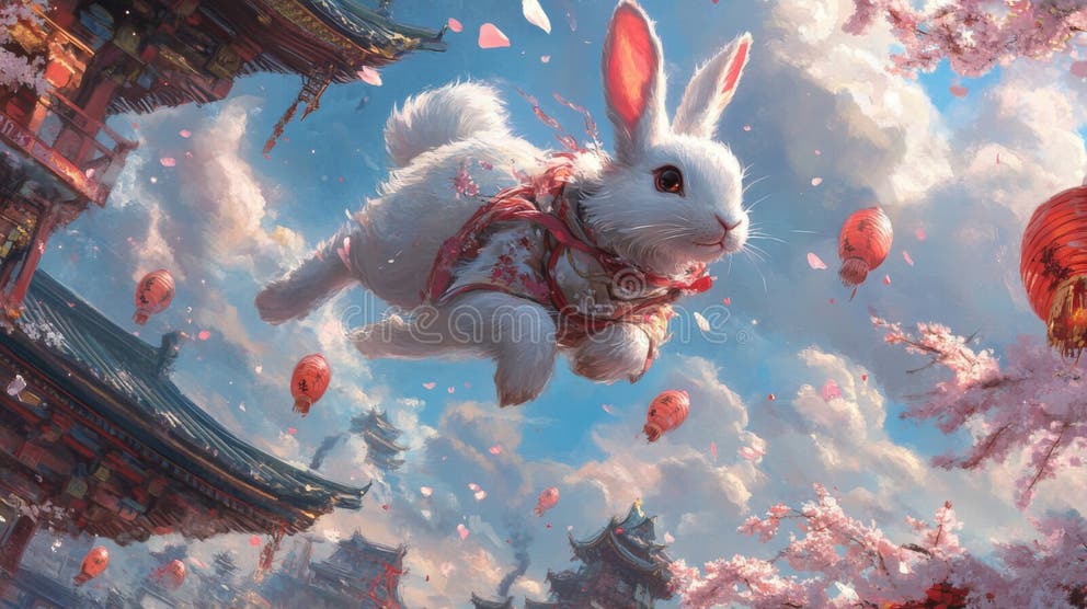 Fluffy White Rabbit Flying Amidst Cherry Blossoms and Temples Stock ...