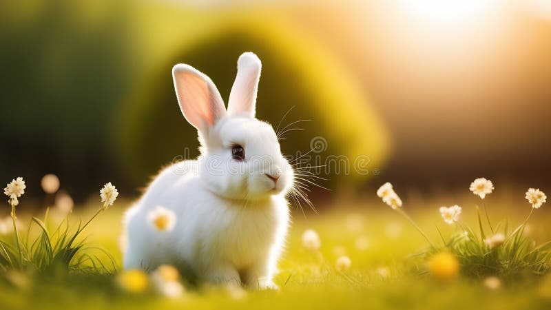 Fluffy White Rabbit on Green Sunny Grass with Flowers, Space for Copy ...