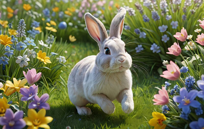 Fluffy White Rabbit Hops Vibrant Spring Meadow Filled Colorful Flowers ...