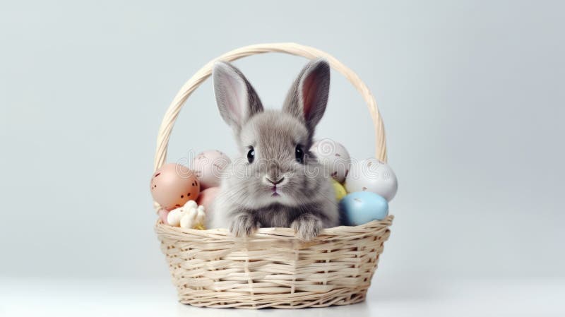 Cute Fluffy Rabbit in a Basket Full of Colorful Easter Eggs on a Blue ...
