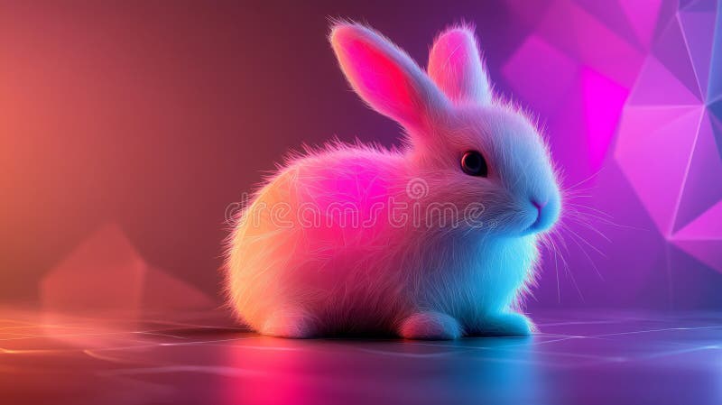 Fluffy White Rabbit in Neon Pink and Purple Light Stock Illustration ...