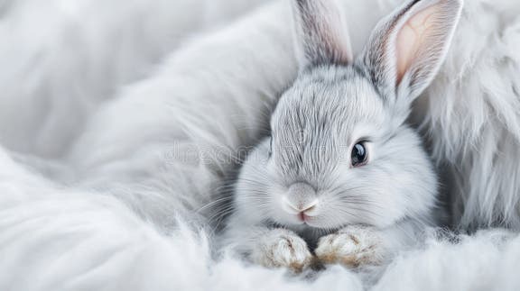 Fluffy White Rabbit Nestled in Soft Fur Stock Image - Image of winter ...