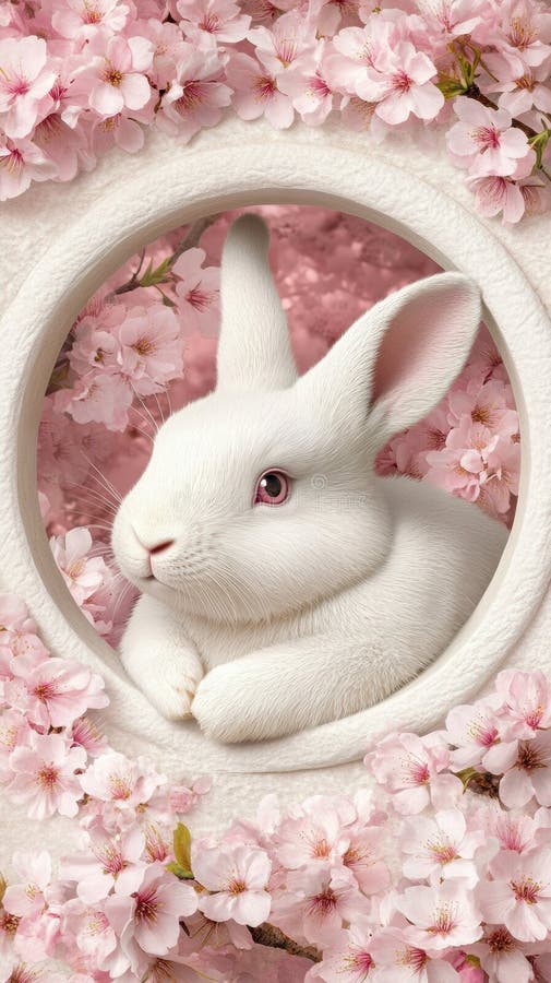 White Rabbit Surrounded by Pink Cherry Blossoms in a Circular Frame, AI ...