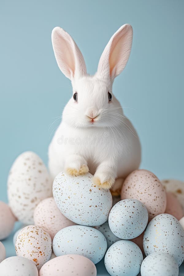 A Fluffy White Rabbit is Perched on a Pile of Beautifully Speckled ...