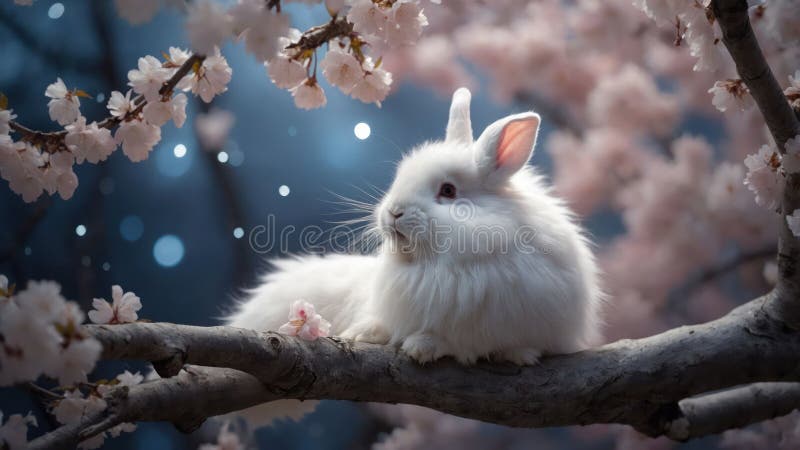 Adorable Fluffy White Rabbit Resting on Cherry Blossom Branch Stock ...