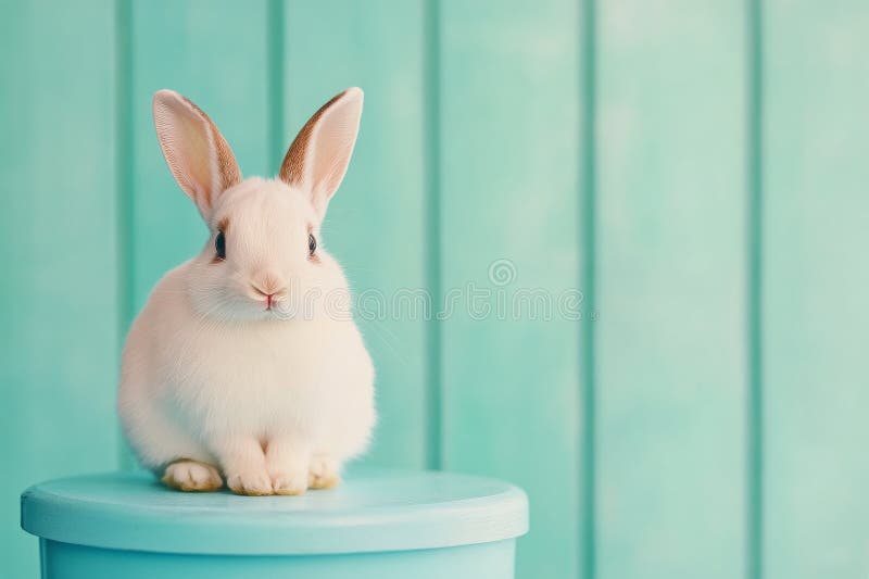 Cute White Rabbit Sitting Blue Container Against Pastel Background ...