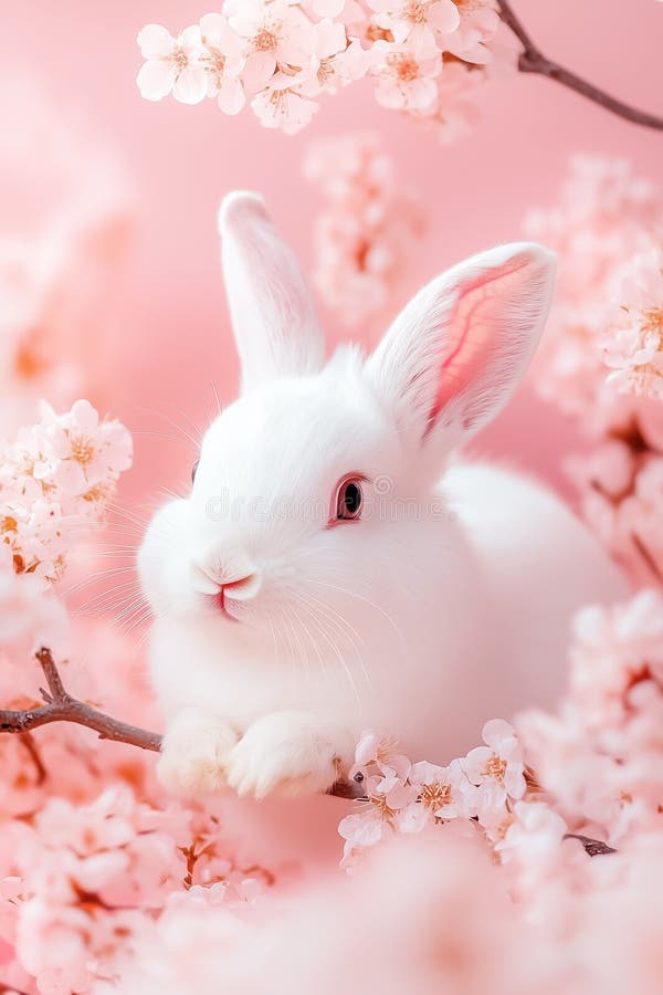 A Fluffy White Rabbit Sits Peacefully Surrounded by Soft Pink Cherry ...