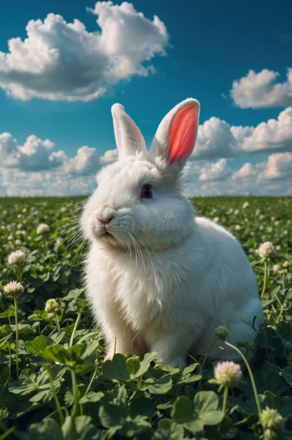 Adorable White Rabbit in Clover Field Under Sunny Sky Stock ...
