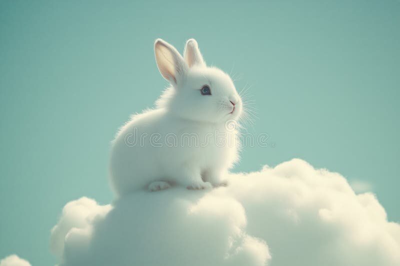 Fluffy White Rabbit Sitting on a Soft Cloud in a Serene Sky at Daytime ...