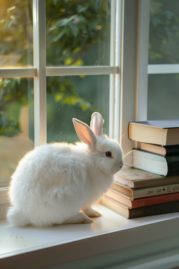Fluffy White Rabbit Sitting Windowsill Natural Light Stock Photos ...